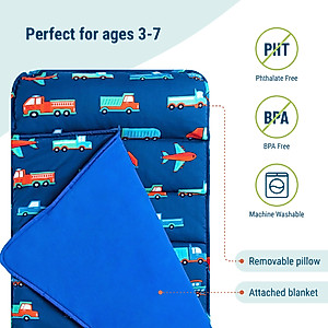 Wildkin Original Nap Mat with Reusable Pillow for Boys & Girls, Perfect for Elementary Daycare Sleepovers, Features Hook & Loop Fastener, Cotton Blend Materials Nap Mat for Kids (Transportation)