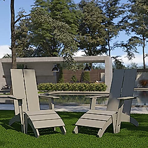 BizChair Set of 2 Modern All-Weather Poly Resin Wood Adirondack Chairs with Foot Rests in Gray