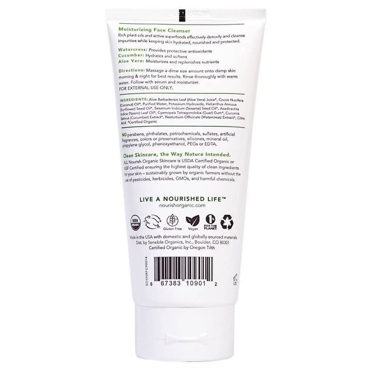 Nourish Organic Moisturizing Face Cleanser for All Skin Types, Watercress + Cucumber Face Wash, Fragrance-Free (6 Oz) + Washable Cotton Round