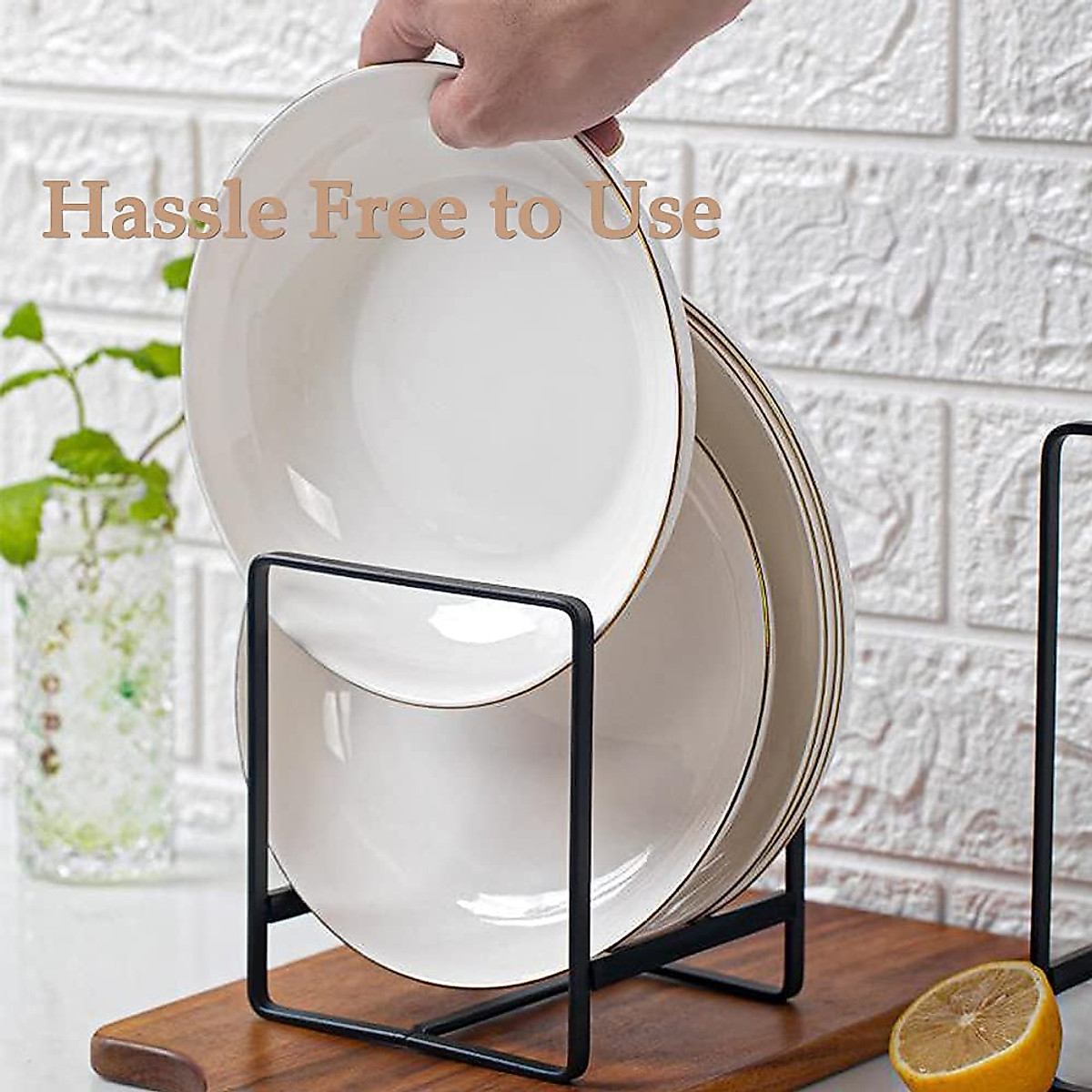 SUNFICON Large Plate Holders 2 Pack Upright Cabinet Dish Organizers Metal Plate Dish Drying Racks Stands Racks for Countertop and Cupboard Black