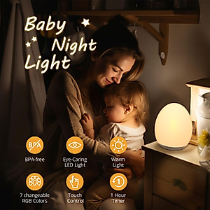 JolyWell Night Light for Kids with 7 Color Changing Mode & Dimming Function, Rechargeable Baby Egg Night Light with 1 Hour Timer&Touch Control, up to 100H, White