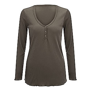 Women's Casual Solid Color Ribbed Top Long Sleeve V-Neck Pullover Knit Shirt Comfy Buttons Slim Workout Plain Blouses Khaki