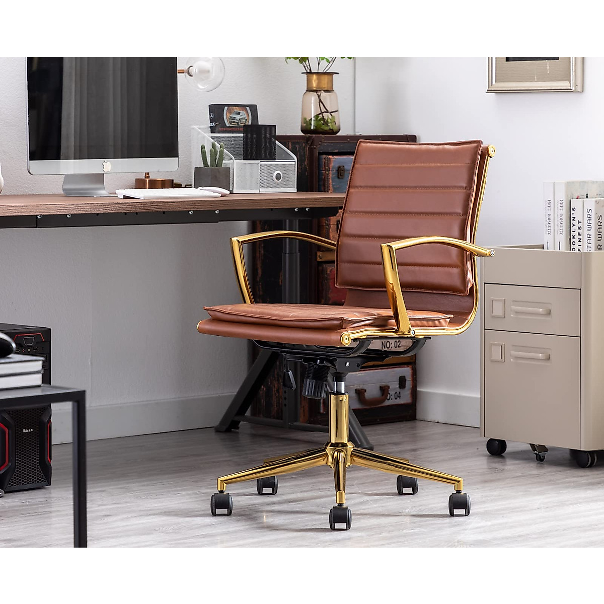EALSON Modern Leather Office Chair Comfortable Home Office Desk Chair with Wheels and Arms Gold Base Conference Chair Ergonomic Computer Task Chair Adjustable Swivel Chair, Brown