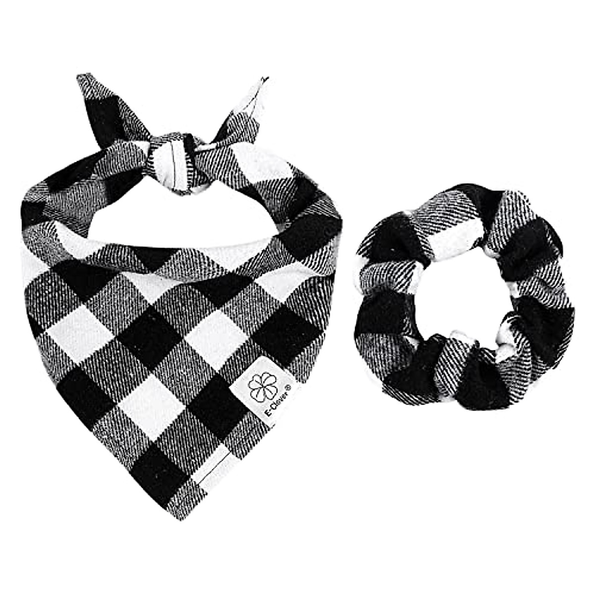 E-Clover Dog Bandanas & Matching Scrunchie Set Black White Triangle Scarf Bib for Medium Large Dogs Puppy Boy Girl Pet Owner Costume