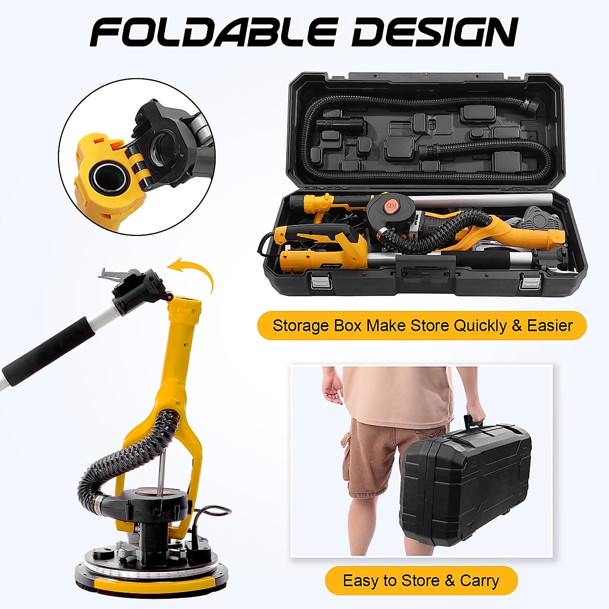 Gyfent Drywall Sander, 880W 7.3-Amp Popcorn Ceiling Removal Tool with 1100-2100RPM 5 Variable Speed 12pcs Sanding Discs Electric Drywall Sander with Vacuum Dust Collector LED Light for Ceiling Sanding