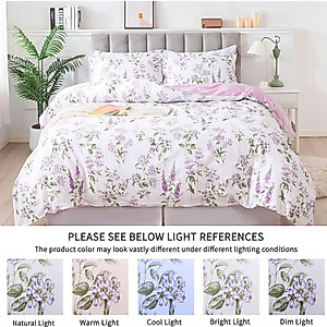FADFAY Purple White Floral Duvet Cover Sets Queen 100% Cotton Lilac Lavender Reversible Comforter Cover French Country Bedding All Season Soft Crisp Green Leaves Bed Cover with Zipper 3 Pieces