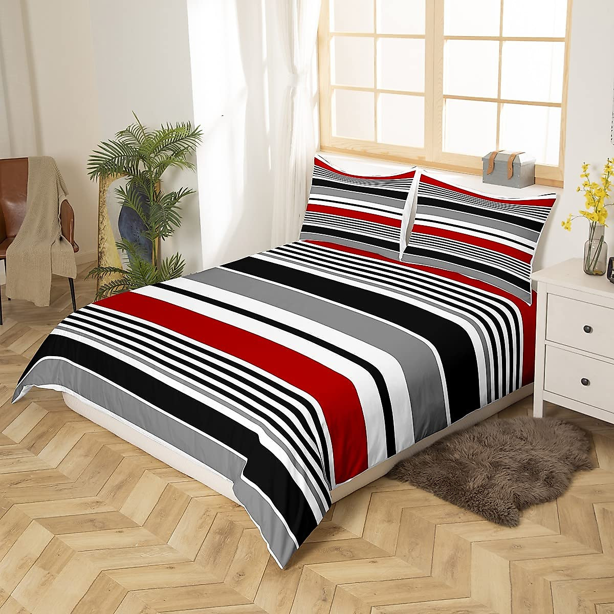 Modern Stripes Bedding Set Twin Size for Kids Boys Bedroom,Red Black Gray Bed Duvet Cover Set,Lines Art Comforter Cover Simplicity Decor 2 Pieces 1 Duvet Cover with 1 Pillowcase No Comforter