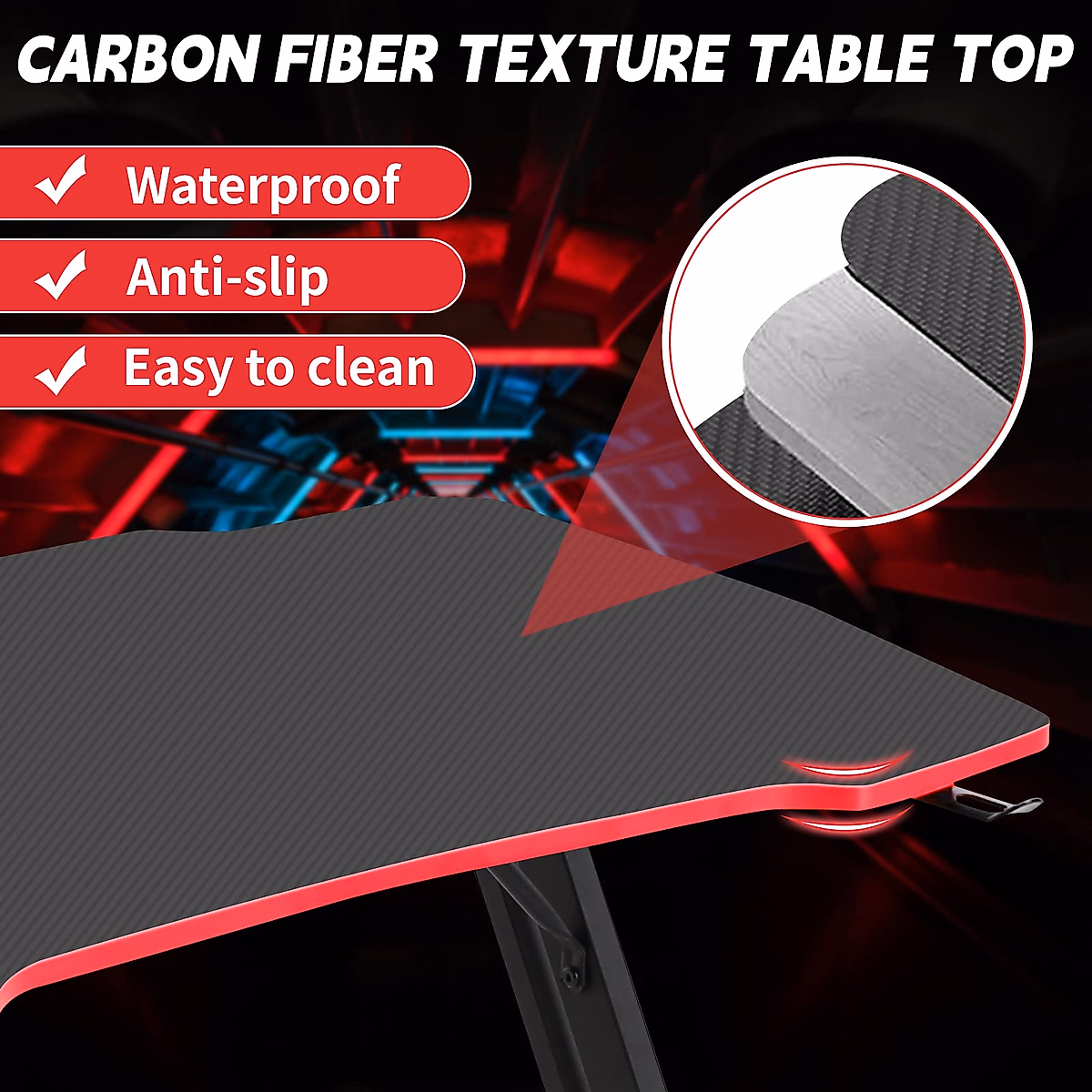 YYkokocat Small Gaming Desk 35 Inch PC Computer Desk with Headphone Hook Z Shaped Home Office Table Gamer Workstation for Small Spaces Gamer Desk Carbon Fiber Texture, Black Red