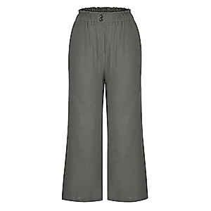 Elastic High Waisted Capris for Women Casual Loose Comfy Summer Cotton Linen Pants Wide Leg Cropped Trousers