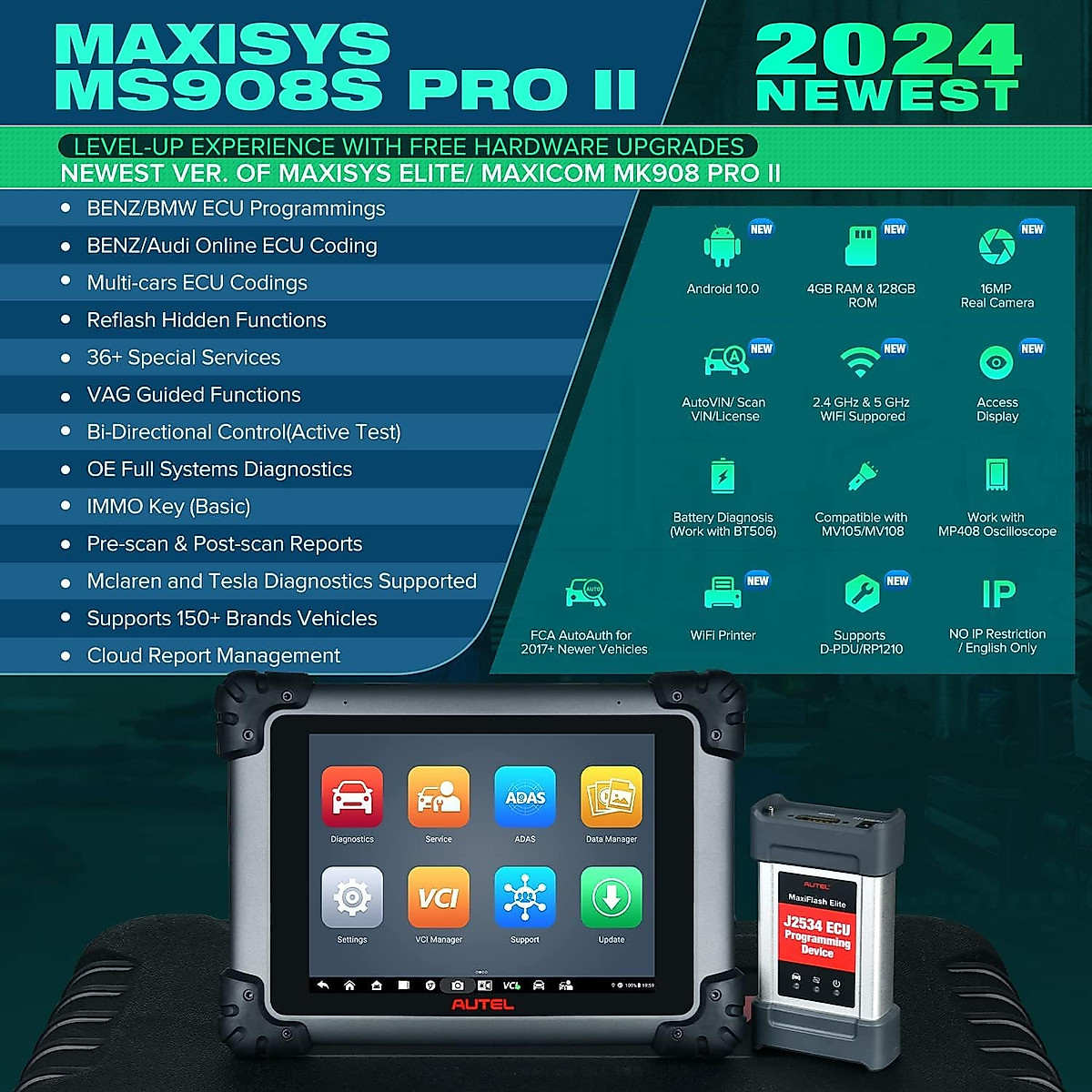Autel MaxiSYS MS908S PRO II: 2024 J2534 ECU Programming Coding Adaption, Level-Up of MS908S Pro Elite MK908P II, Same Programming As MSUltra MS919 Elite II PRO, AutoScan 2.0, Active Test 36+ Services