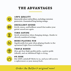 BELFORT® guitar strings classical guitar, strings for classical guitar made of nylon and silver, acoustic guitar (6-string set) - Incl. 4 picks + extra high E-string (028//043) (028//043)
