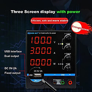 Lwlongwei Lab DC Power Supply Variable, 100V 3A Adjustable Switching Regulated DC Bench Linear Power Supply with 4-Digits LED Power Display, Coarse and Fine Adjustments with Alligator Leads Black