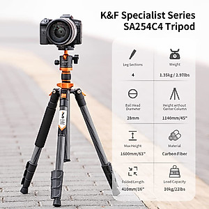 K&F Concept 63" Carbon Fiber Camera Tripods,D254C1+BH-28L Compact Tripod with Detachable Monopod, Metal Ball Head 10KG Load Capacity with Quick Release Plate for SLR DSLR Digital Camera/Camcorder