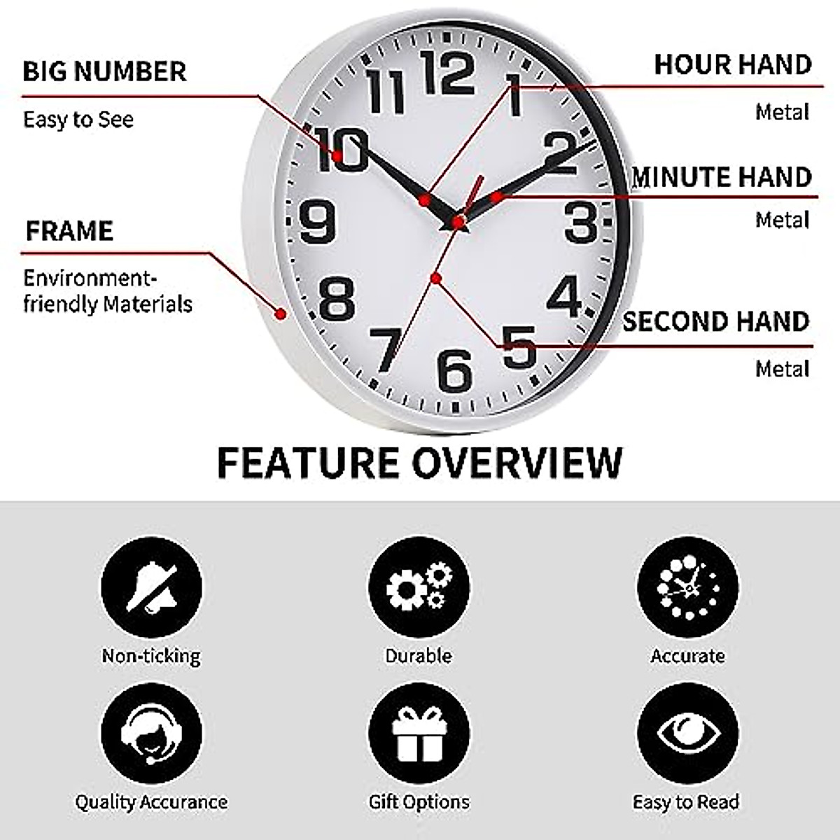 Rulart Wall Clock Battery Operated Bedroom - Modern Kitchen Small Silent Analog Round Simple Quiet Quartz Black Wall Clocks Non Ticking Bathroom Office Garage School