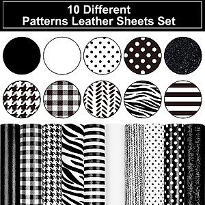 Whaline 10Pcs Faux Leather Sheet White & Black Synthetic Leather Fabric 8 x 12 Inch Pattern Stripe Plaid Glitter Faux Craft Leather for DIY Earring Hair Bow Making