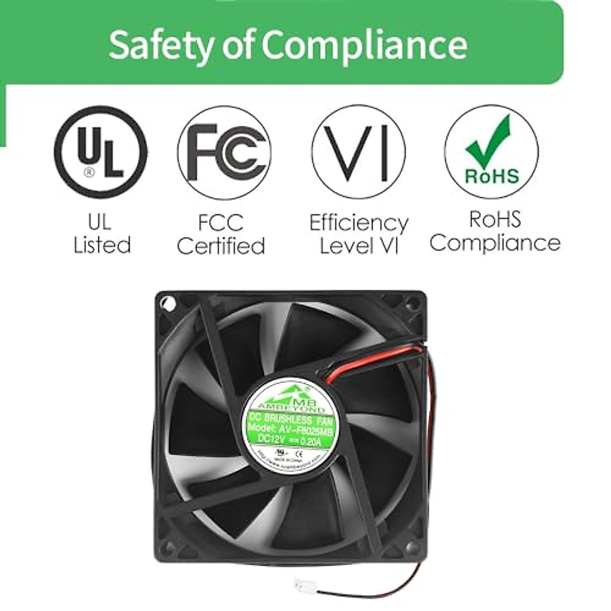 Security-01 80mm by 80mm by 25mm 8025 12V DC 0.20A Dual Ball Bearing Brushless Cooling Fan 2pin AV-F8025MB UL CE