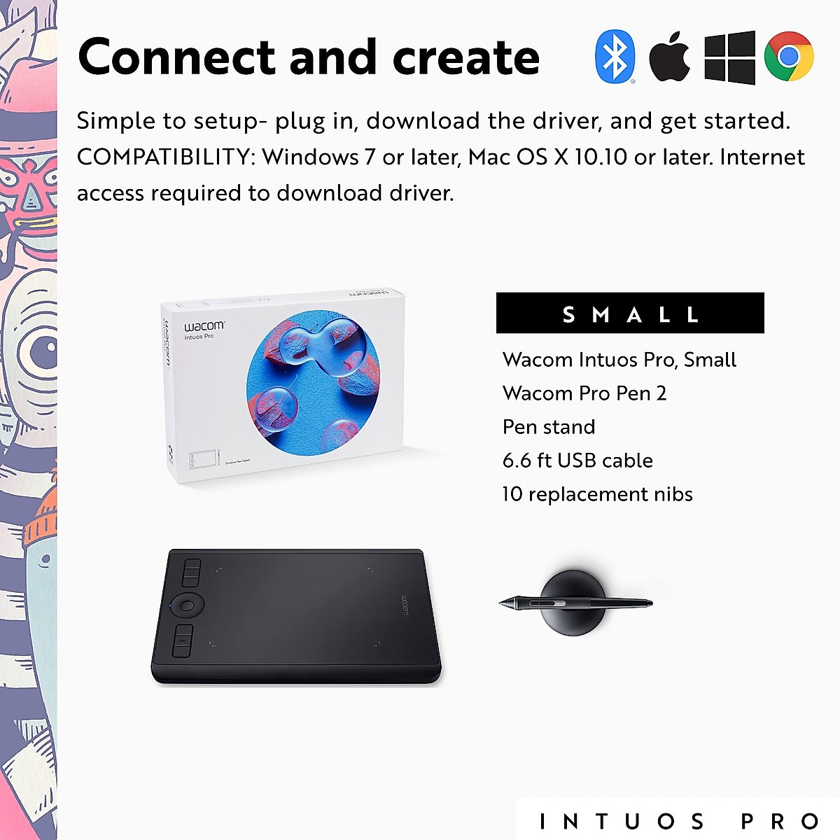 Wacom Intuos Pro Small Bluetooth Graphics Drawing Tablet, 6 Customizable ExpressKeys, 8192 Pressure Sensitive Pro Pen 2 Included, Compatible with Mac OS and Windows,Black