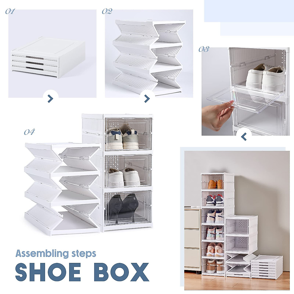 Qunclay 12 Pairs Foldable Shoe Storage Boxes Include 4 Pcs 3 Layer Stackable Clear Shoes Rack Organizer Solid Hard Plastic Shoe Containers for Closet Bedroom Shoe Organizer Sneakers Display