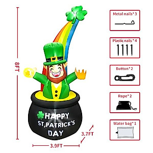 KOOY 8FT St Patricks Day Inflatables Outdoor Decorations,Inflatable Leprechaun in Pot of Gold with Rainbow Blow up Yard Decorations,St Patrick Decorations for Yard Holiday Party Garden Lawn Décor