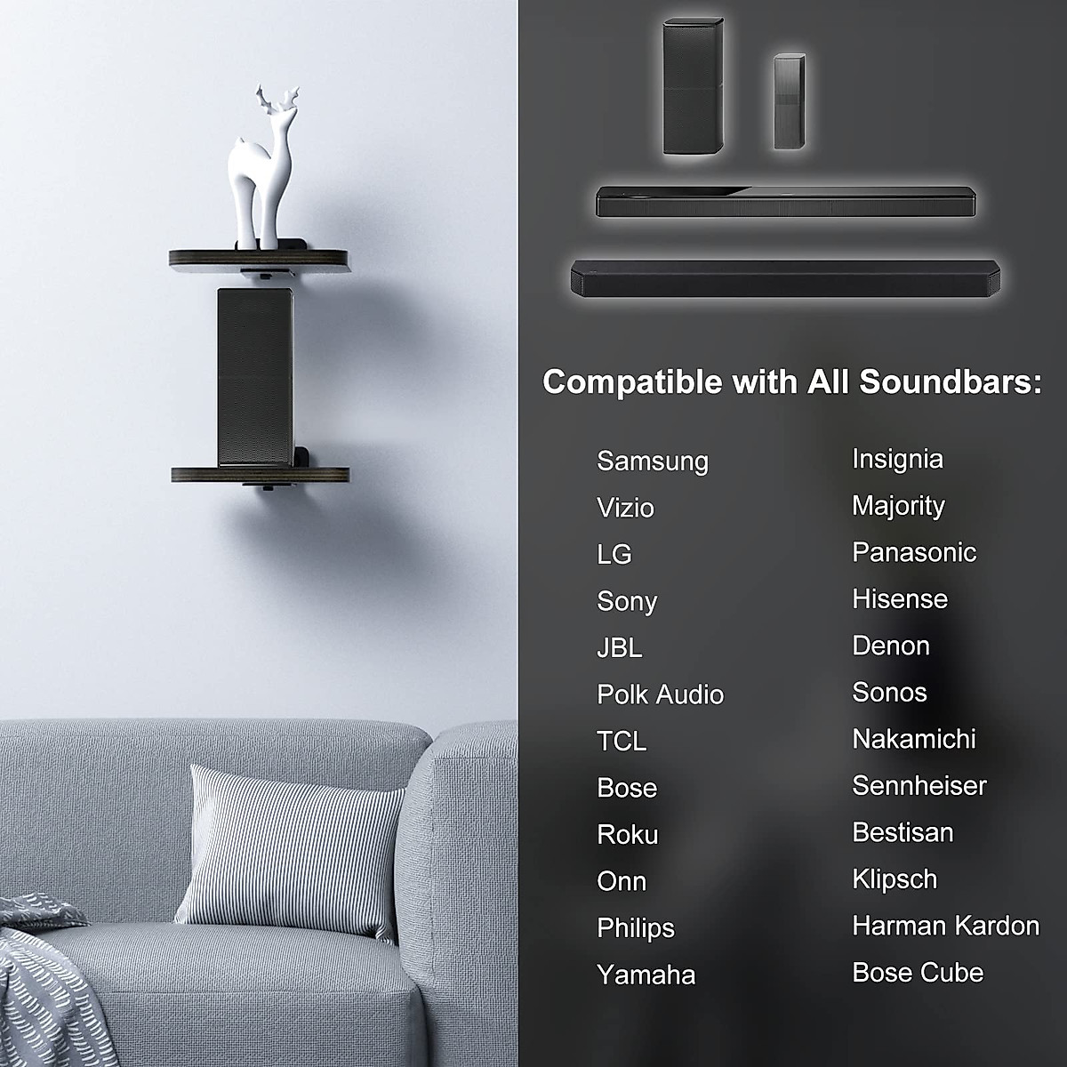 Universal Soundbar Wall Mount for Samsung, Bose, Polk Audio, Sonos Arc, JBL, Sony, Vizio, LG, TCL, Roku, Onn, Philips, Yamaha Soundbar Wall Mount Bracket Floating Shelves, with Hardware Kit