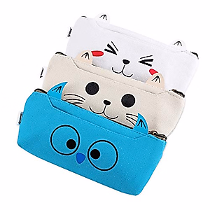 IPOW 3 Pack Kids Pen Cases, Cute Cat Pencil Pouches with Ears and Faces for Girls Boys and Adults, 3 Colors Pencil Bag for Pens, Markers and Erasers, Aesthetic Canvas Cosmetic Tool Pouch