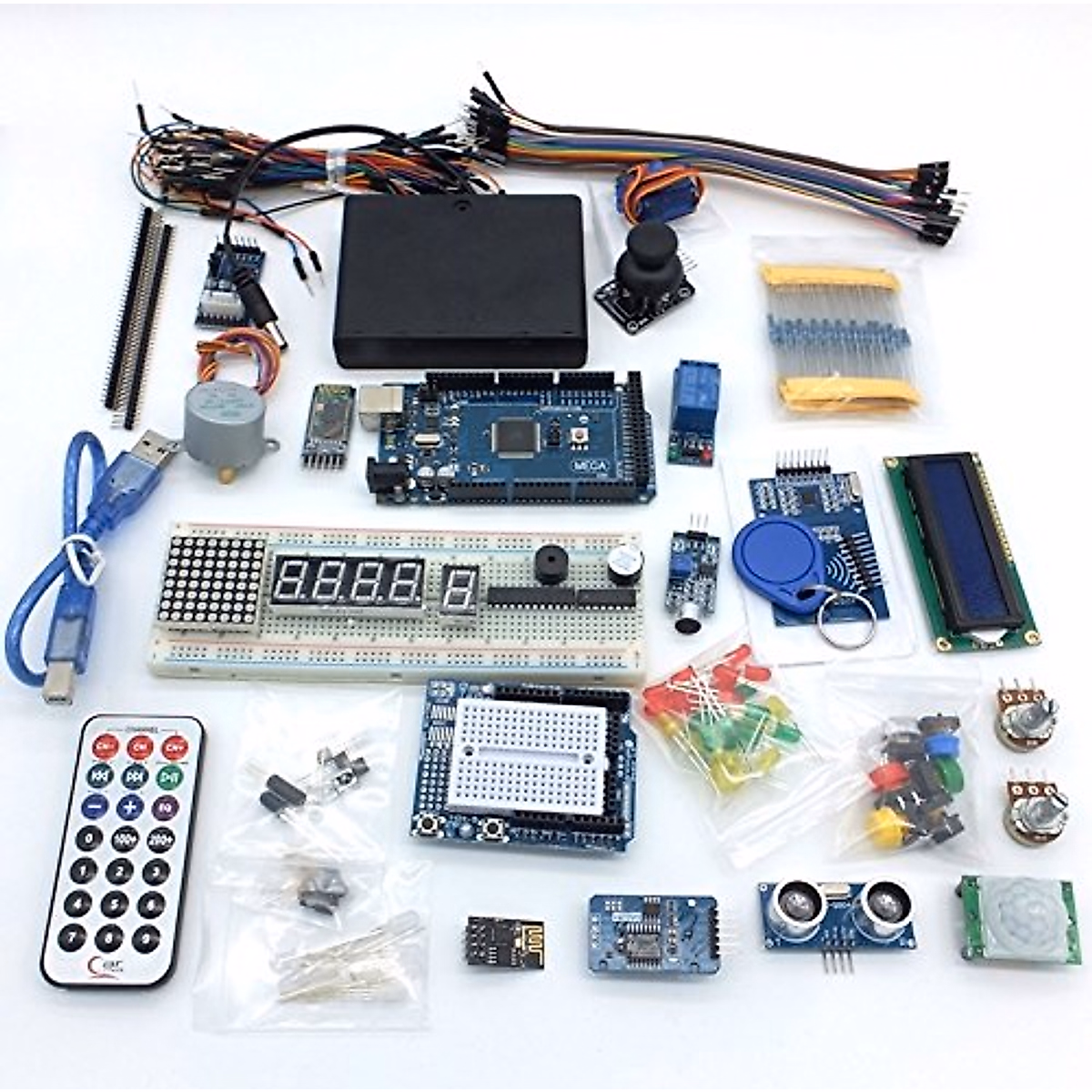 jdhlabstech MEGA 2560 Starter Kit Ultra (100% Open Source IDE Compatible) w/Battery Holder, Sensors, Modules, Resistor kit and Components (no Supply)