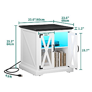 DWVO Farmhouse End Table, Sofa Side Coffee Table with Charging Station and LED Lights, Nightstand with Adjustable Storage Shelf, Bedside Table for Living Room, Bedroom, White