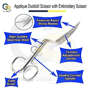 6 inch Stainless Steel Applique Duckbill Scissors Blade with Offset Handle & 6 inch Machine Embroidery Double Curved Scissors Bundle by G.S Online Store