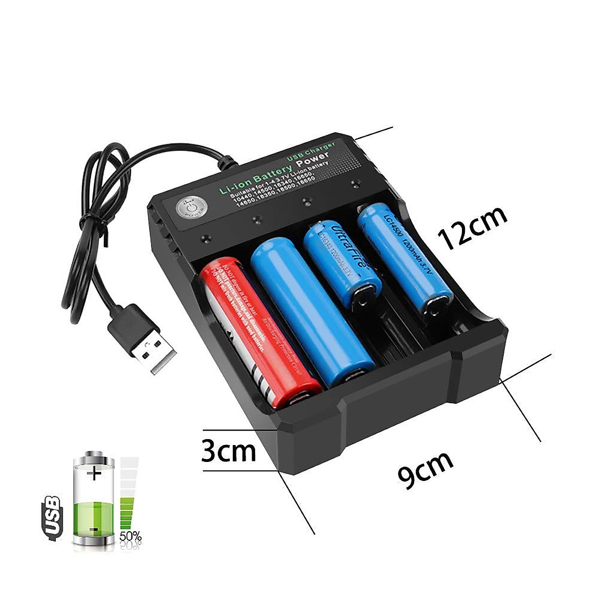 18650 Battery Charger 4-Bay 5V 2A for Rechargeable Batteries 3.7V Li-ion TR IMR 18650 14500 16340(RCR123) Red/Green Display (Not Battery)