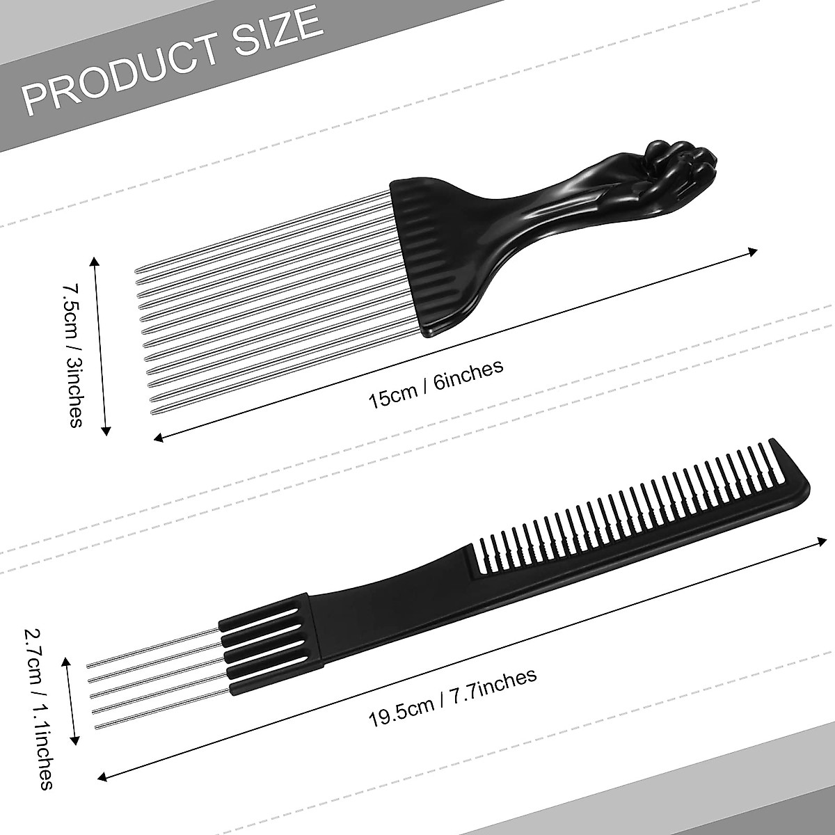 3 Pieces Hair Lift Combs with Metal Prongs for Women - Salon Teasing Back Combs in Pink or Black Carbon with Stainless Steel (Black)