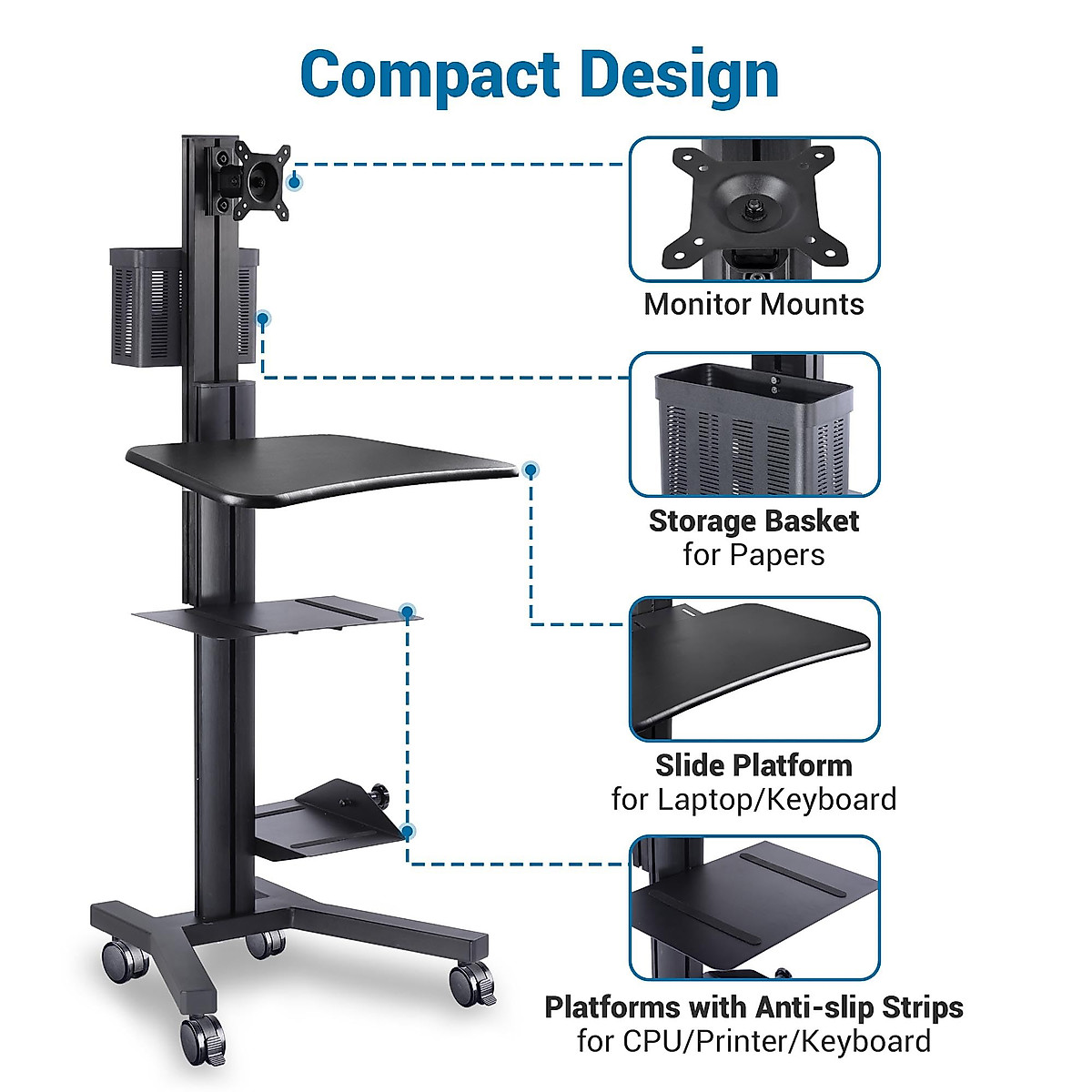 AW Rolling Computer Cart Adjustable Mobile PC Standing Workstation with Monitor Mount Keyboard Tray Printer CPU Holder Wheels for Shop Home Office Black