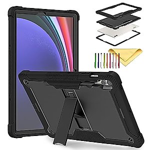 SaniMore Case for Samsung Galaxy Tab S9 Plus 12.4" Tablet 2023, Full-Body 3 Layers Rugged Kickstand Hybrid Case [Pen Holder] [Shock Absorbent] Cover for Galaxy S9+ Tablet SM-X810/X816B/X818U, Black