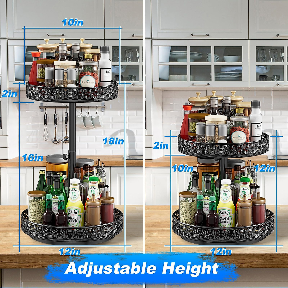 Lazy Susan Organizer Lazy Susan Turntable for Cabinet Table 2 Tier Lazy Susan Spice Rack Organizer 12 Inch Adjustable Height for Kitchen Dining Table Bathroom Vanity with Non-Slip Pad Black Metal