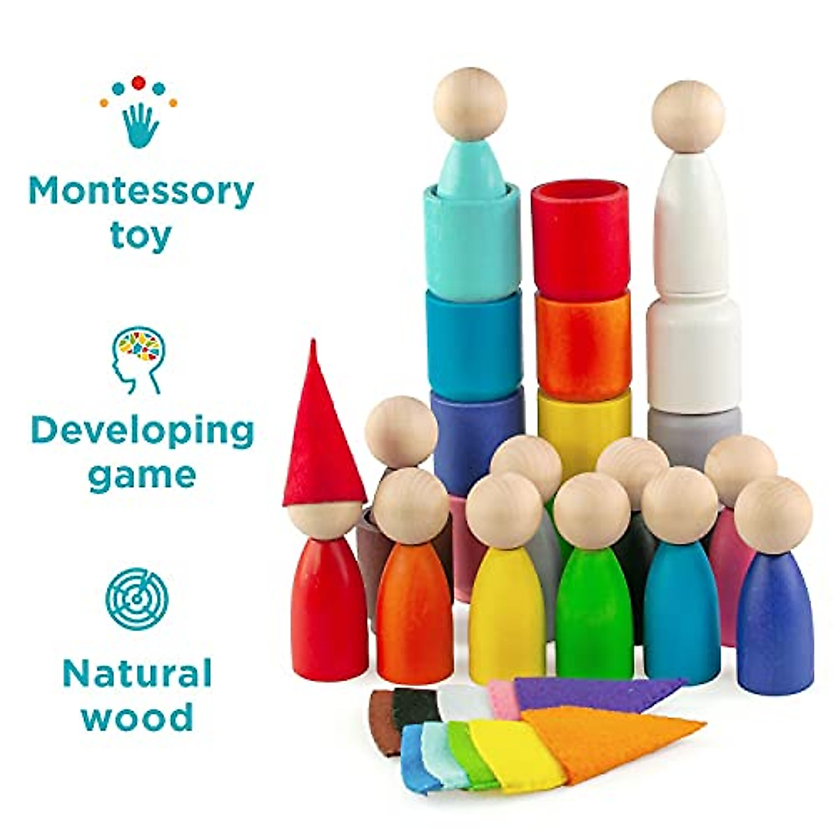 Ulanik Large Peg Dolls in Cups with Hats Toddler Montessori Toys for 3 Year Old + Wooden Waldorf Dolls for Learning Color Sorting and Counting — 12 Gnomes