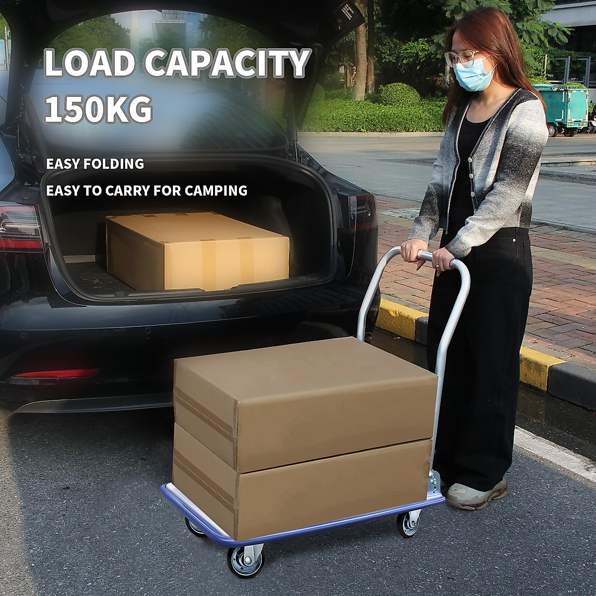 TAGEPOR Folding Steel Platform Hand truck with Brake Heavy Industrial Cart Load 330lb Flatbed Truck Warehouse Handling (29.2x18.1（load 330lb）)