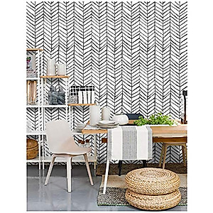 HAOKHOME 96020-1 Boho Stripe Peel and Stick Wallpaper Herringbone Black White Vinyl Self Adhesive Room Decor Contact Paper 17.7in x 9.8ft