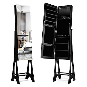 COSTWAY 12 LED Mirror Jewelry Cabinet, Freestanding Jewelry Storage Organizer w/Full Length Mirror, Large Capacity Jewelry Armoire w/Bottom Shelf, Mirror with Jewelry Storage for Women Girls (Black)