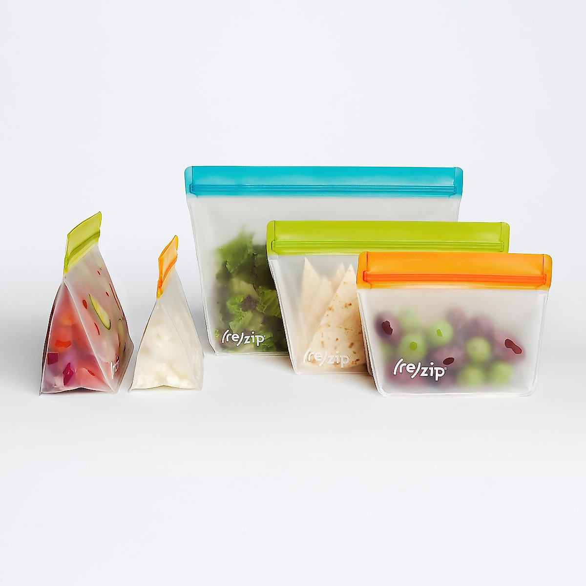 rezip 5-Piece Stand-Up Reusable BPA-Free Food Grade Storage Bag Pack n' Go Kit, Leakproof, Freezer Safe, Dishwasher Safe, Travel Friendly, (1) Quart (4-Cup/32-Ounce), (2) 2-Cup (16-Ounce), (2) Snack (1-Cup/8-Ounce), (Multicolor)