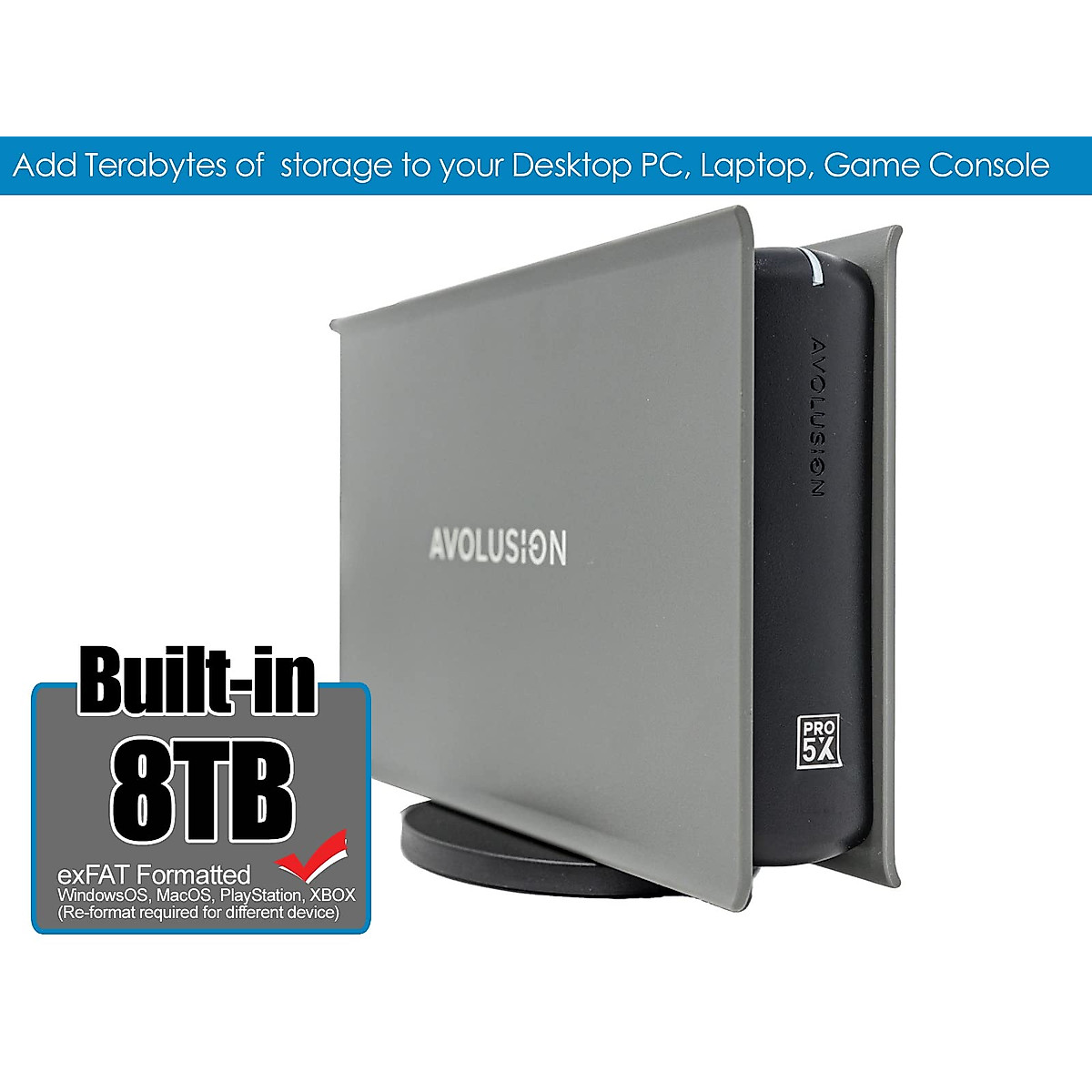 Avolusion PRO-5X 8TB USB 3.0 External Hard Drive for PC, Mac, PS & Xbox (Grey) (Renewed)