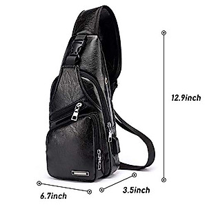 QICHUANG Men Sling Bag Leather Unbalance Chest Shoulder Bags Casual Crossbody Bag Gift for Men (black)