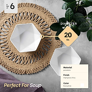 MITBAK 20 Ounce Bone China Soup Bowls | Set of 6 Diamond Shaped White Serving Bowl Plates For Soup, Ramen, Cereal, Pasta, Fruit, Pho, Salad, Dessert | Decorative Bowls Make Excellent Gift Idea