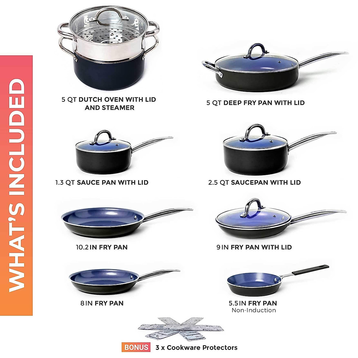 Mueller UltraClad Sapphire Pots and Pans Set Nonstick, 14 Piece Induction Cookware Sets, Aluminum Body, Includes Non Stick Deep Frying Pan, Sauce Pans for Cooking, Dutch Oven and More