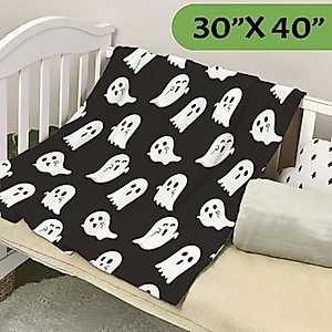 Cute Little Funny Ghost Blanket Gift for Girls Boys, Spooky Decor Plush Soft Fleece Flannel Black White Spooky Halloween Throw Blanket Sheet for Toddler Kids Lap Chair 40X30In