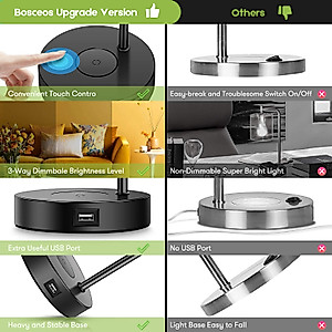 Set of 2 Wireless Charging Industrial Table Lamp 3-Way Touch Control Dimmable Desk Lamp with USB Port Bedside Lamp with Hanging Seeded Glass Shade for Office Bedroom Living Room, Bulb Included