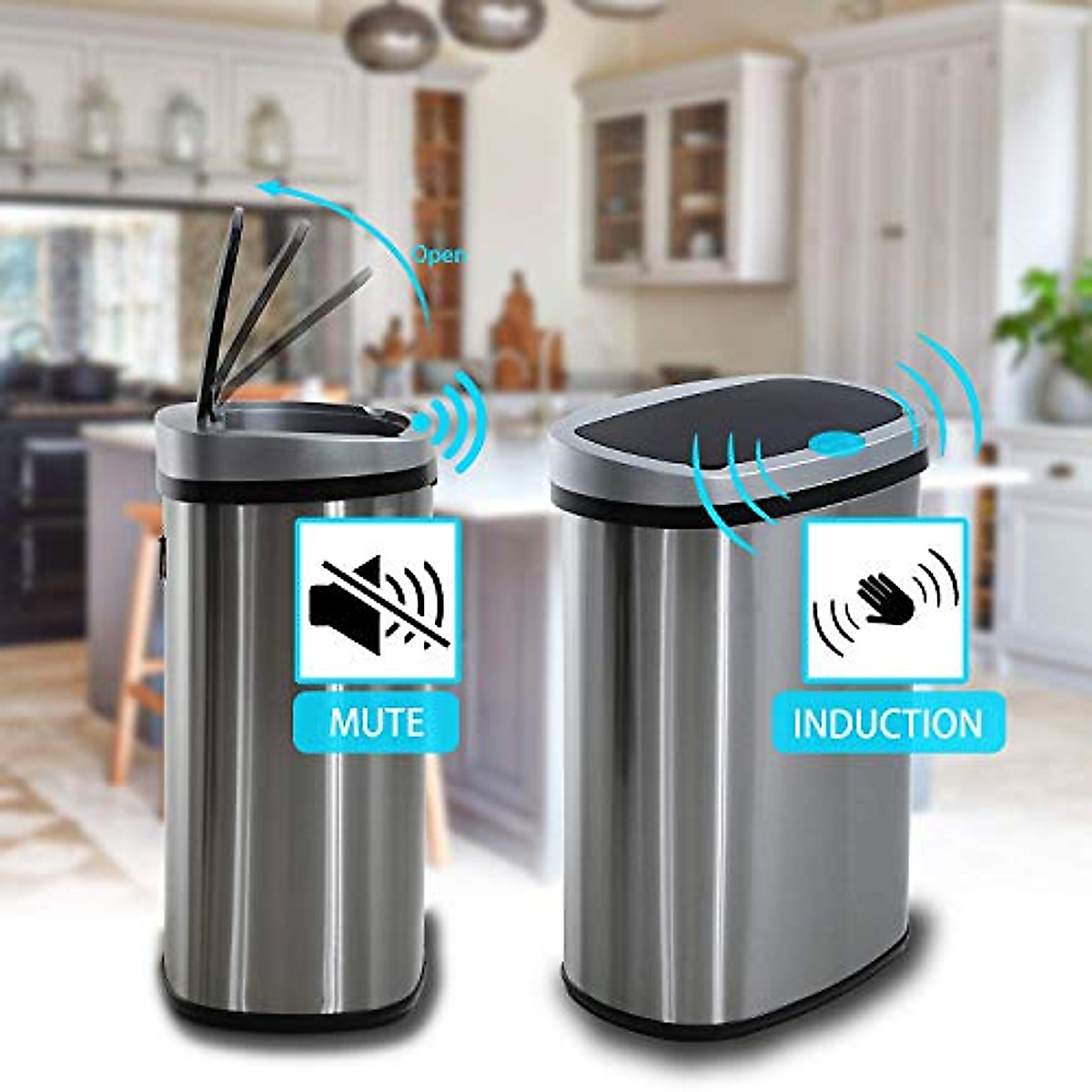 HCB Trash Can Automatic Waste Bin Mute Metal Garbage Can with Lid Stainless Steel 13 Gallon 50 Liter for Kitchen | Office | Bedroom | Bathroom | Living Room