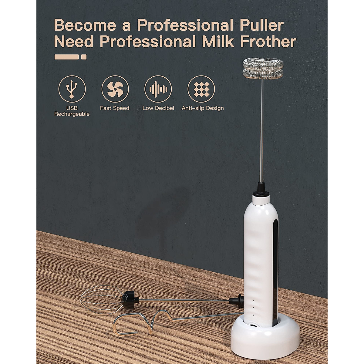 Milk Frother Handheld, USB Rechargeable Milk Foam Maker with 3 Stainless Whisks, Mini Blender Mixer 3 Speeds Adjustable for Coffee, Latte, Cappuccino, Matcha, Hot Chocolate, Egg, White