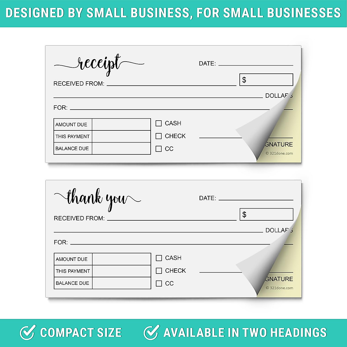321Done Receipt Book, 2.75x6 Pocket Size 2-Part Carbonless, Made in USA, Cute Handheld Duplicate Copy Order Form for Craft Boutique Business (50 Sets) White/Yellow