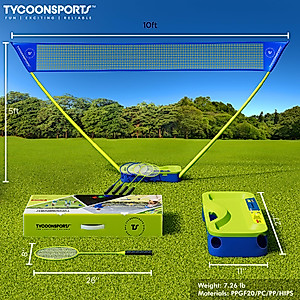 Complete Badminton Set | Portable Badminton Net with Stand 10 x 5 | 4 Badminton Rackets | 4 Over-Grips | 4 Racket Protectors | 8 Badminton Birdies (4 LED & 4 Goose-Feather) | 1 Hard Carry Case