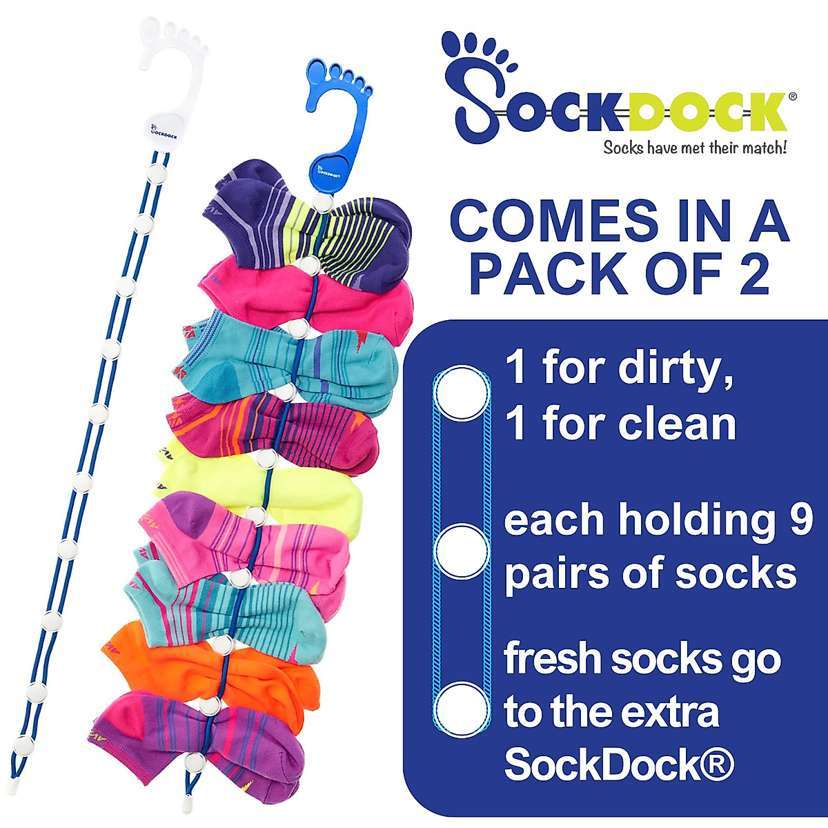 SockDock Sock Laundry Solution for Washing Drying & Storing Socks in Pairs, Clip & Hold Small & Long Socks in Washer Dryer & Closet, 2-Pack (Dark Blue)