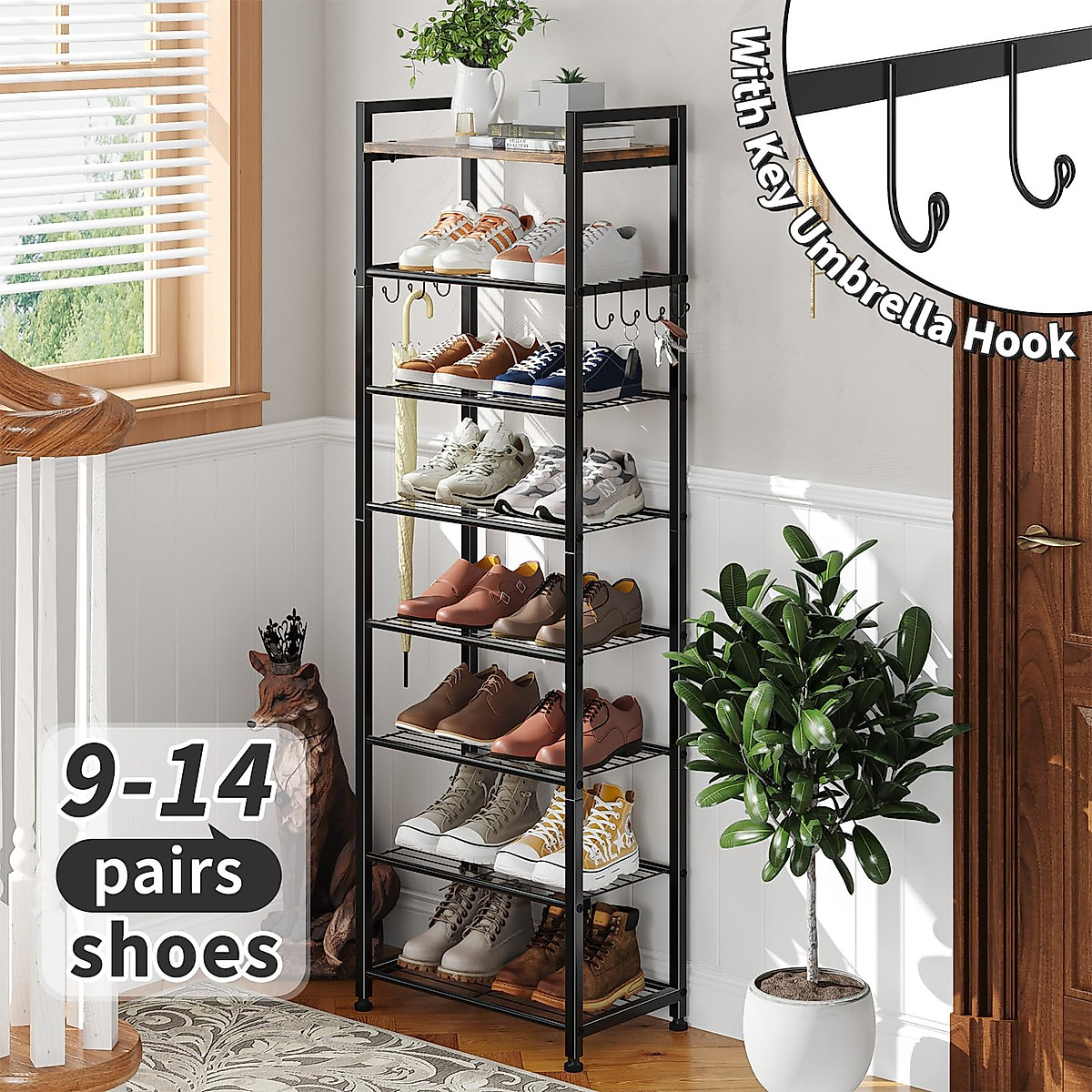 Simple Trending 8 Tiers Shoe Rack 16 Pairs Tall Wooden Plank Shoe Shelf with Hooks for Closet Entryway Organizer Sturdy Free Standing Shoe Storage Cabinet，Black